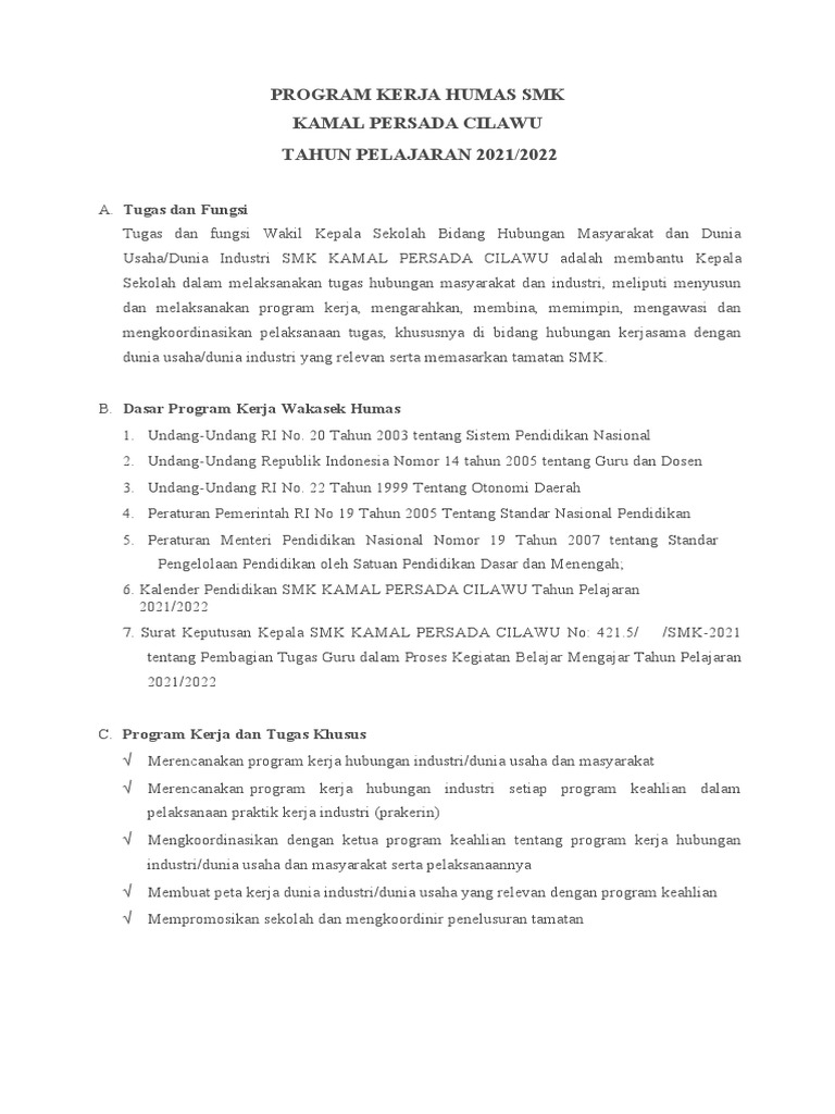 Program Kerja Waka Humas SMK KAMAL | PDF