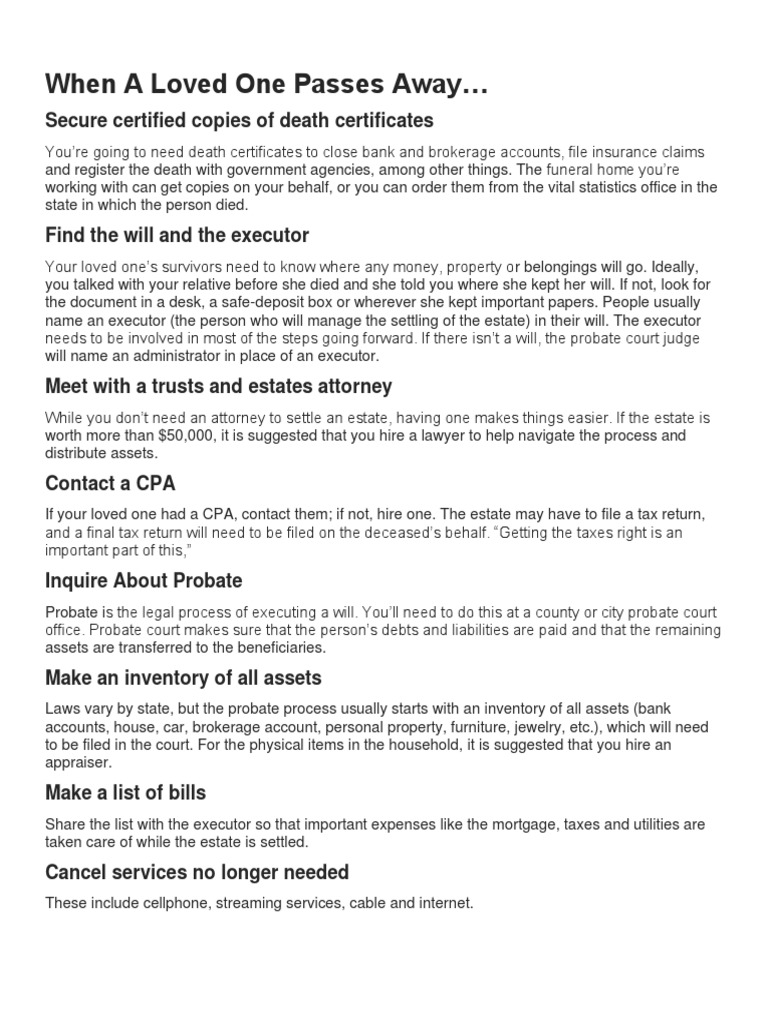 When A Loved One Passes Away Pdf Probate Credit Card