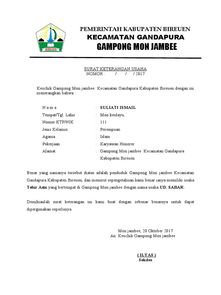 Surat Keterangan Usaha | PDF