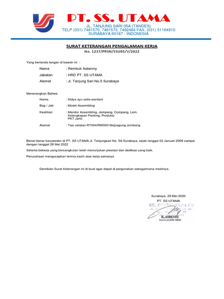 Pengalaman Kerja Nidya di PT. SS Utama | PDF