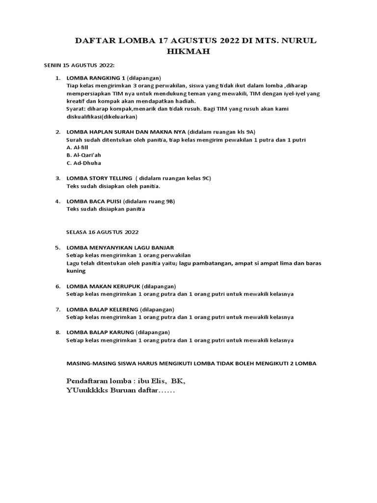 Daftar Lomba 17 Agustus 2022 Di MTS | PDF