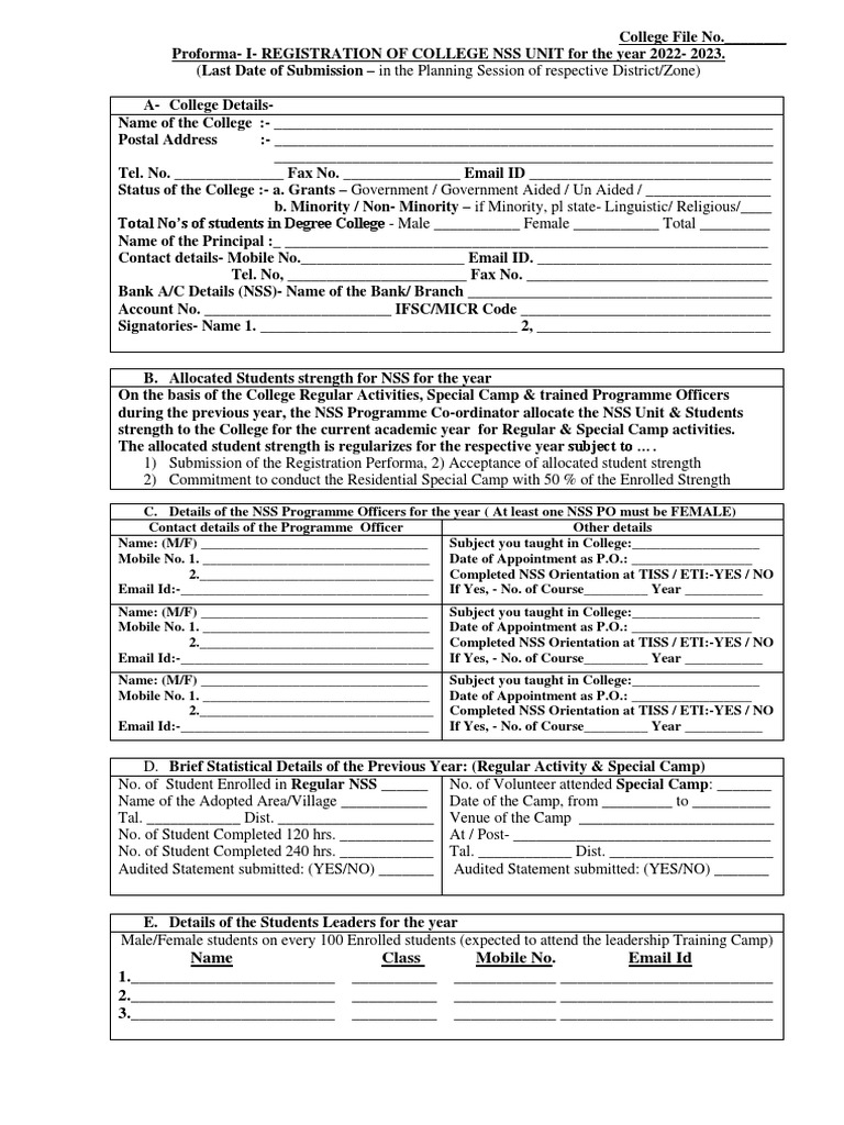 Registration Form for College National Service Scheme Unit: Details for Planning NSS Activities ...