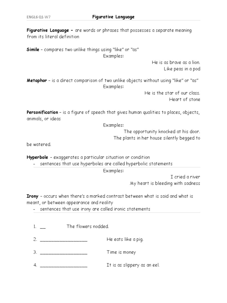 W7 - ENGLISH 6 Figurative Language | PDF | Irony | Metaphor