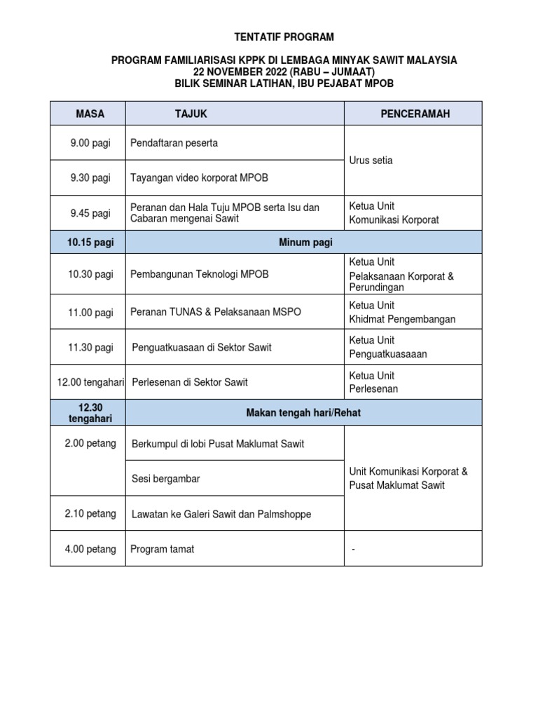 Tentatif Program Familiarisasi KPPK Di MPOB | PDF