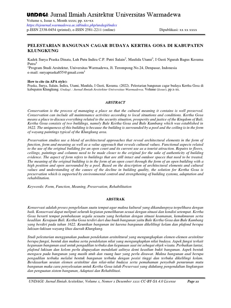 Pelestarian Bangunan Cagar Budaya Kertha Gosa Di Kabupaten Klungkung | PDF | Bali