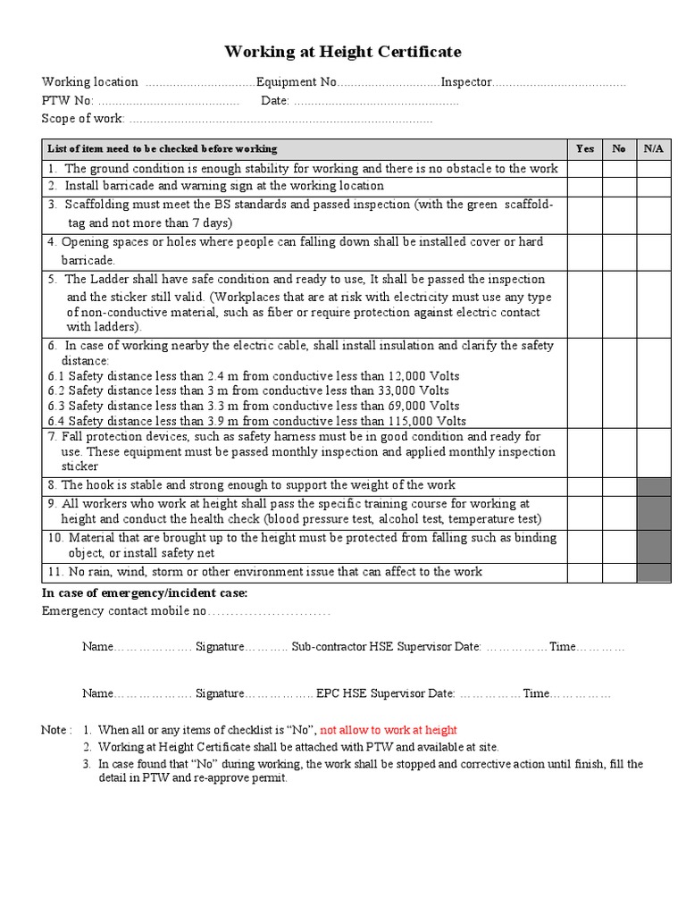 Working at Height Certificate | Download Free PDF | Insulator ...