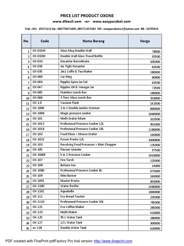 Oxone Product Price List | PDF | Cookware And Bakeware | Oven