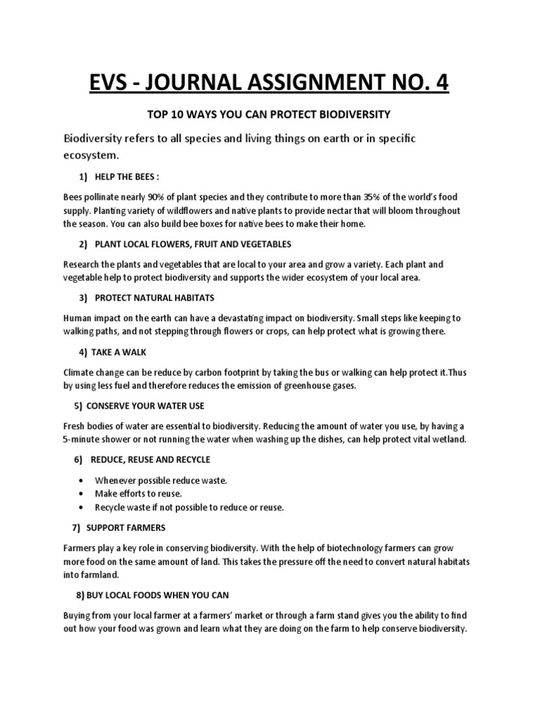 EVS Journal Assignment No.4 | PDF | Biodiversity | Agriculture