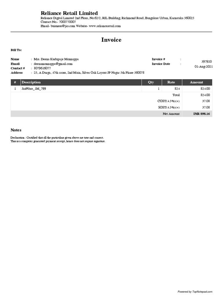 Aug Internet Bill | PDF | Business | Service Industries