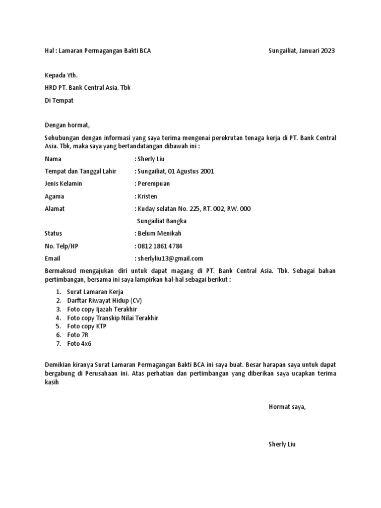 Surat Lamaran & CV Magang Bakti BCA | PDF