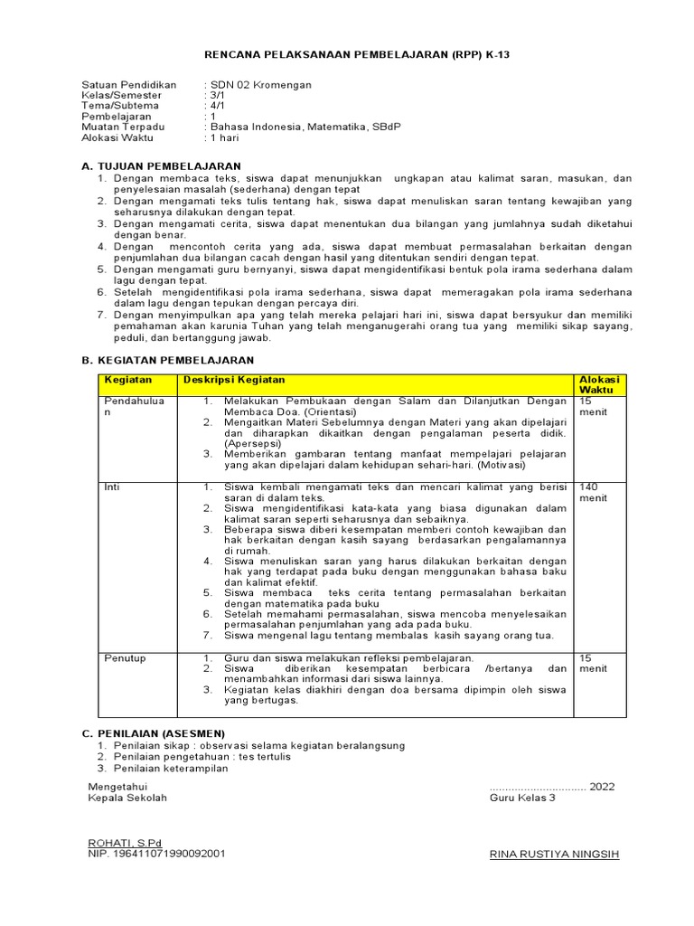 RPP Tema 4 Kelas 3 | PDF