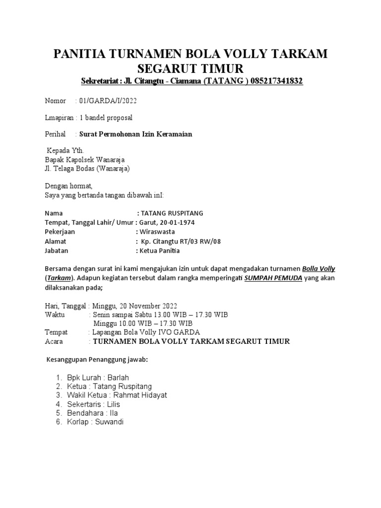 Panitia Turnamen Bola Volly Tarkam Segarut Timur | PDF