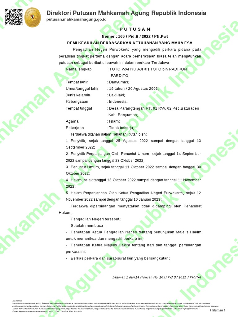Putusan 165 Pid.b 2022 PN PWT 20230110120159 | PDF