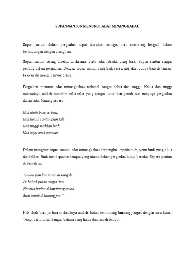 Adat Sopan Santun Minangkabau | PDF