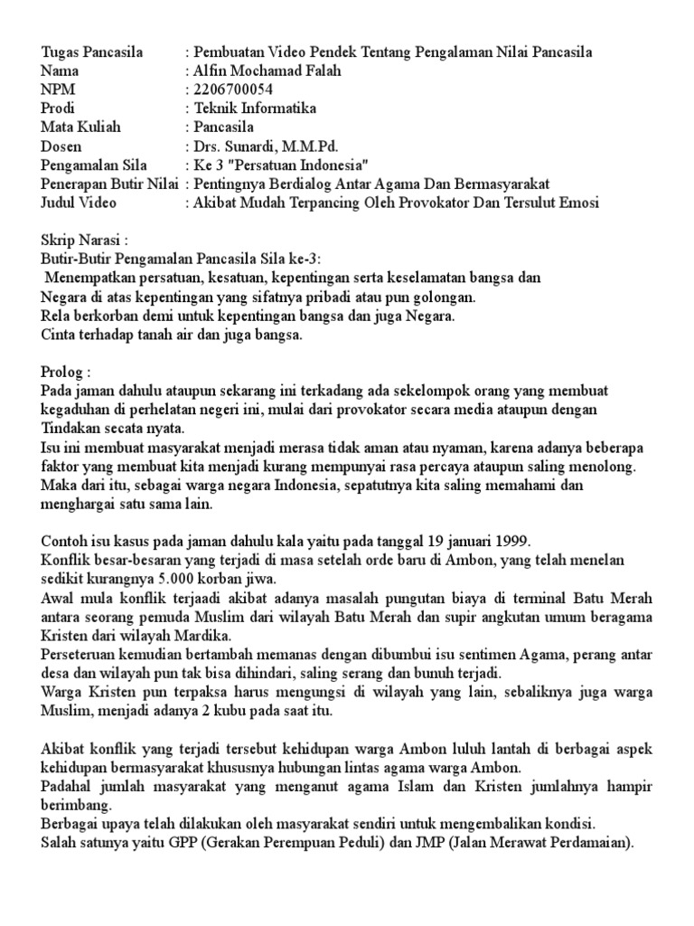 Skrip Video Alfin Matkul Pancasila 2206700054 | PDF
