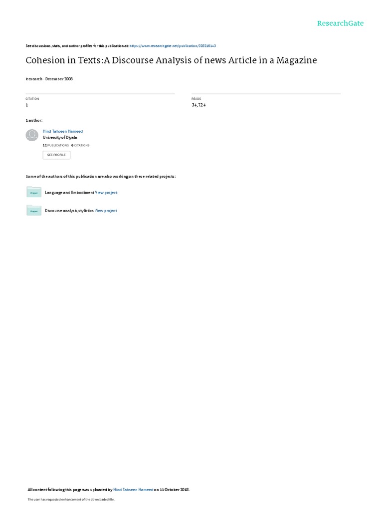 Cohesionin Text Discourse Analysisofa News Articleina Magazine | PDF | Verb | Clause