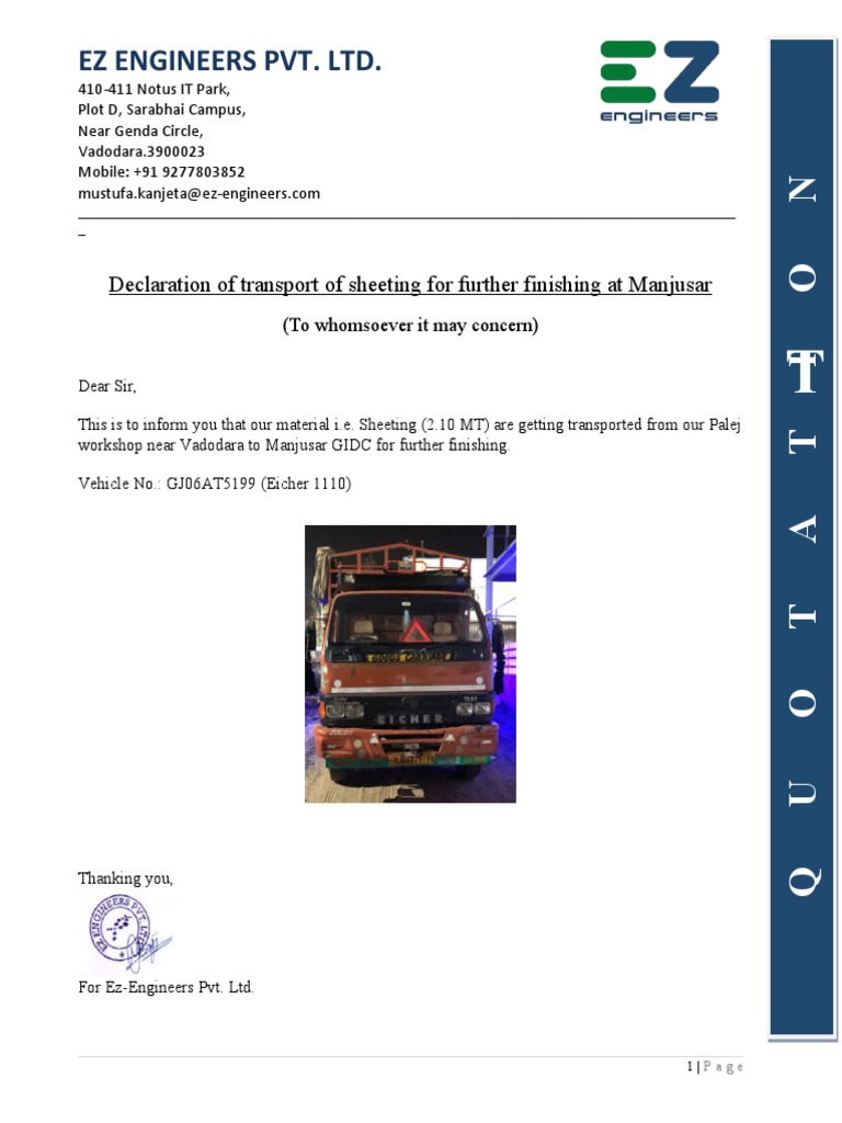 Declaration of Transportation of sheeting | PDF