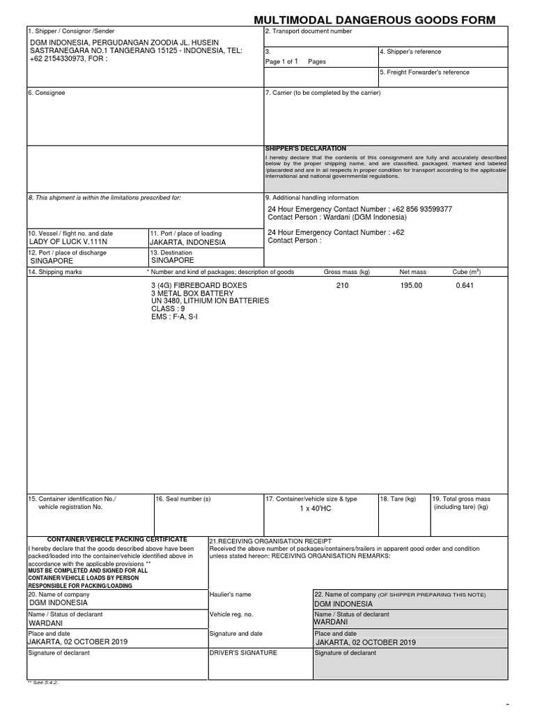 DGM Imdg Form | PDF | Cargo | Dangerous Goods