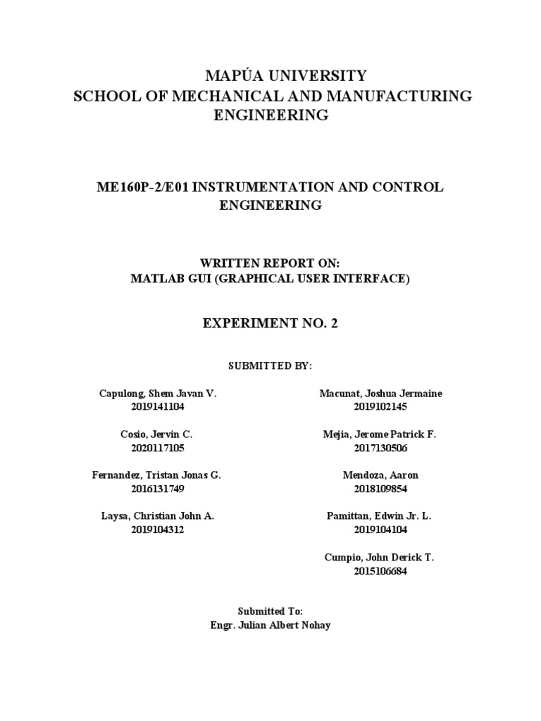 Me160 Experiment No. 2 Matlab Gui | PDF | Temperature | Equations