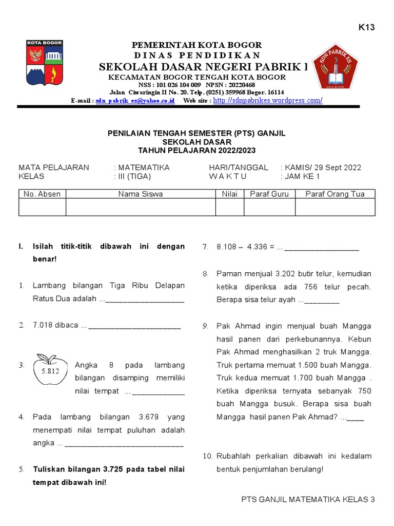 Soal PTS MTK Kelas 3 | PDF