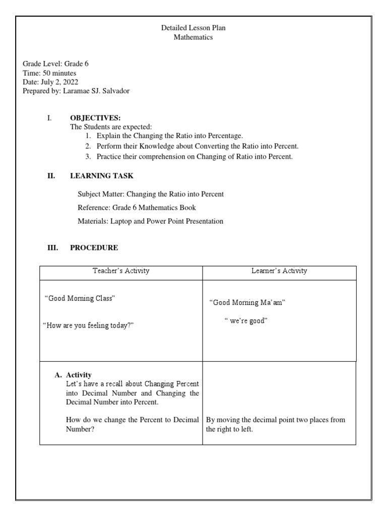 Detailed Lesson Plan Mathematics Grade L | PDF | Lesson Plan | Percentage