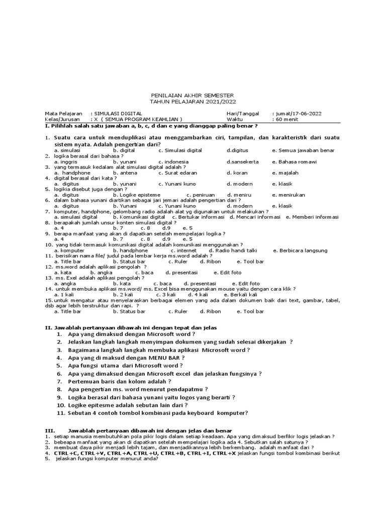 Penilaian Simulasi Digital Kelas X 2022 | PDF