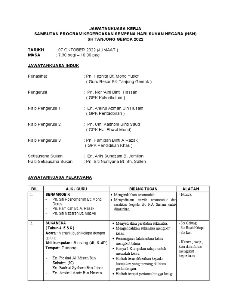 Jawatankuasa Kerja Dan Aturcara Hari Sukan Negara SKTG 2022 | PDF