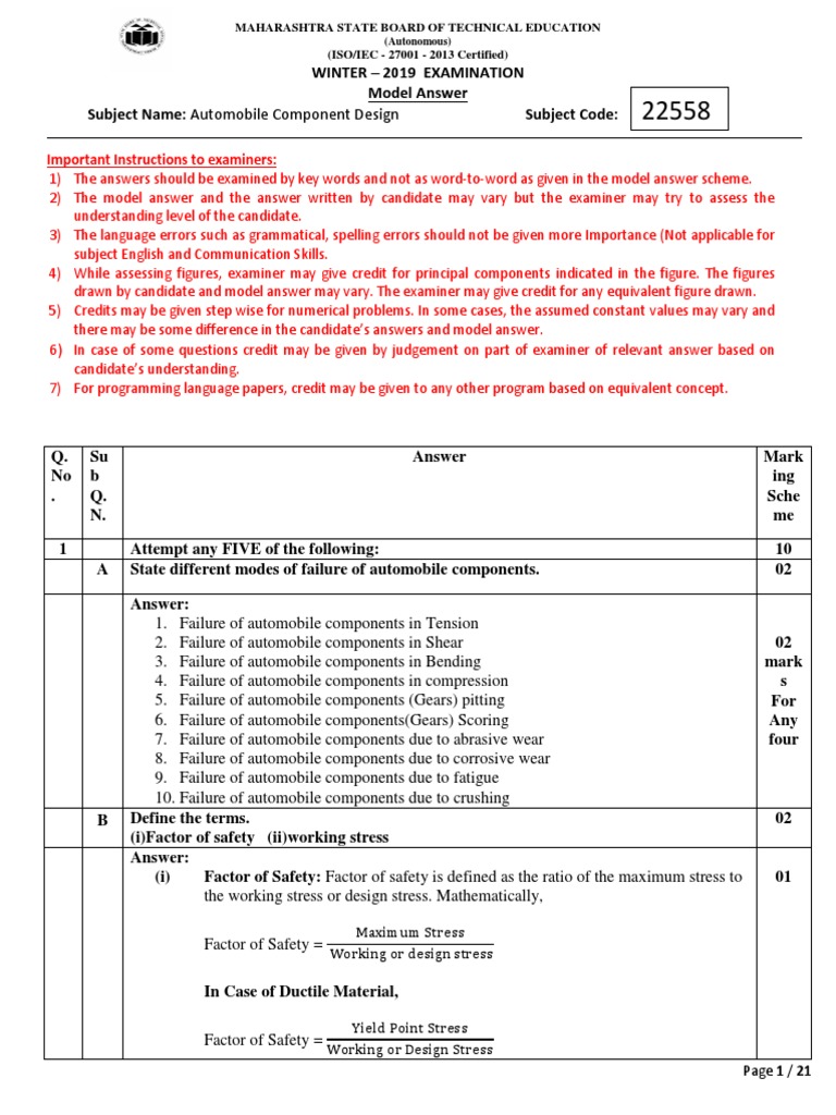 Winter 2019 Model Answer: Auto Design | PDF | Strength Of Materials ...