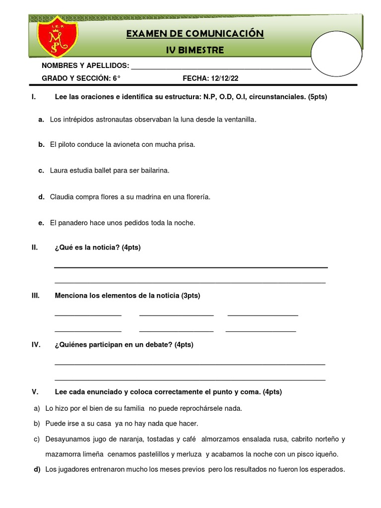 Examen de Comunicación IV Bimestre | PDF