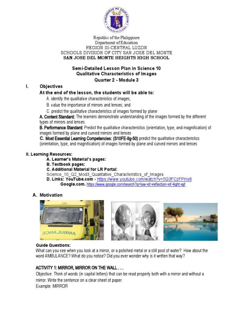 Semi Detailed LP in SCIENCE 10 GUILALAS JOANNE T. | PDF | Reflection (Physics) | Mirror