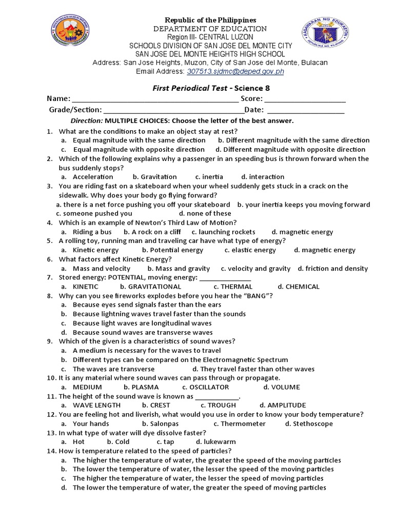 First Periodical Test Science 8 2022 2023 WITH TOS | PDF | Force | Waves