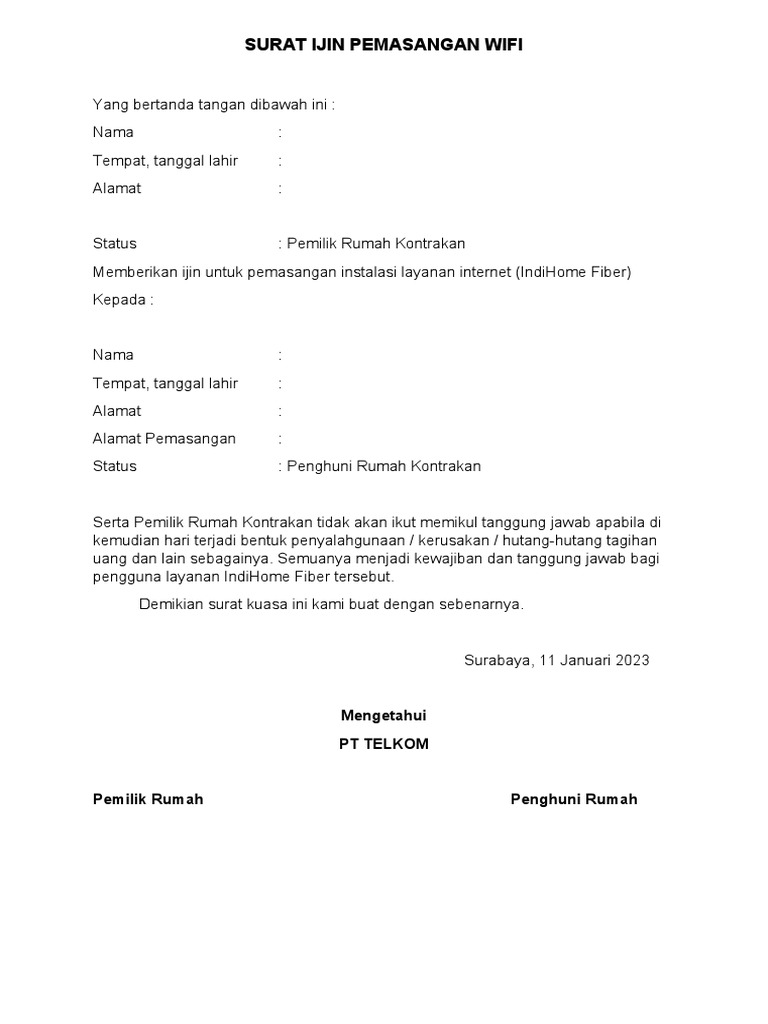 Surat Ijin Pemasangan Wifi | PDF
