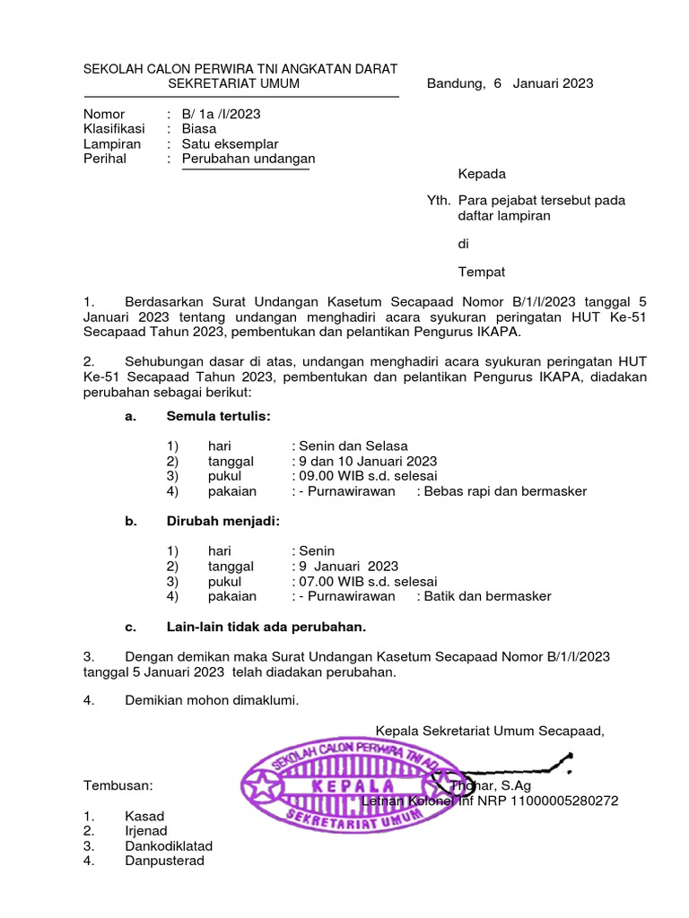 Perubahan Undangan HUT Ke-51 Secapaad | PDF