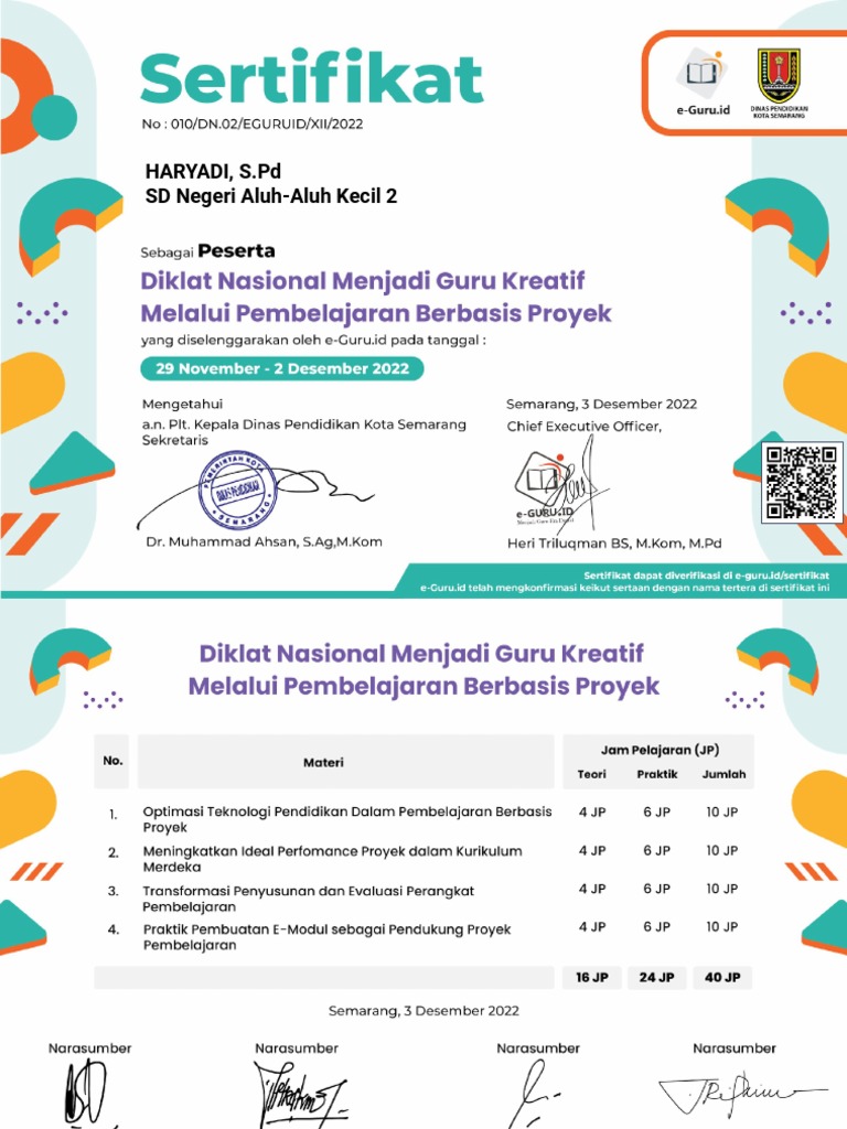 HARYADI, S.PD Sertifikat 40JP Nov 2022 E-Guru - Id-1 | PDF