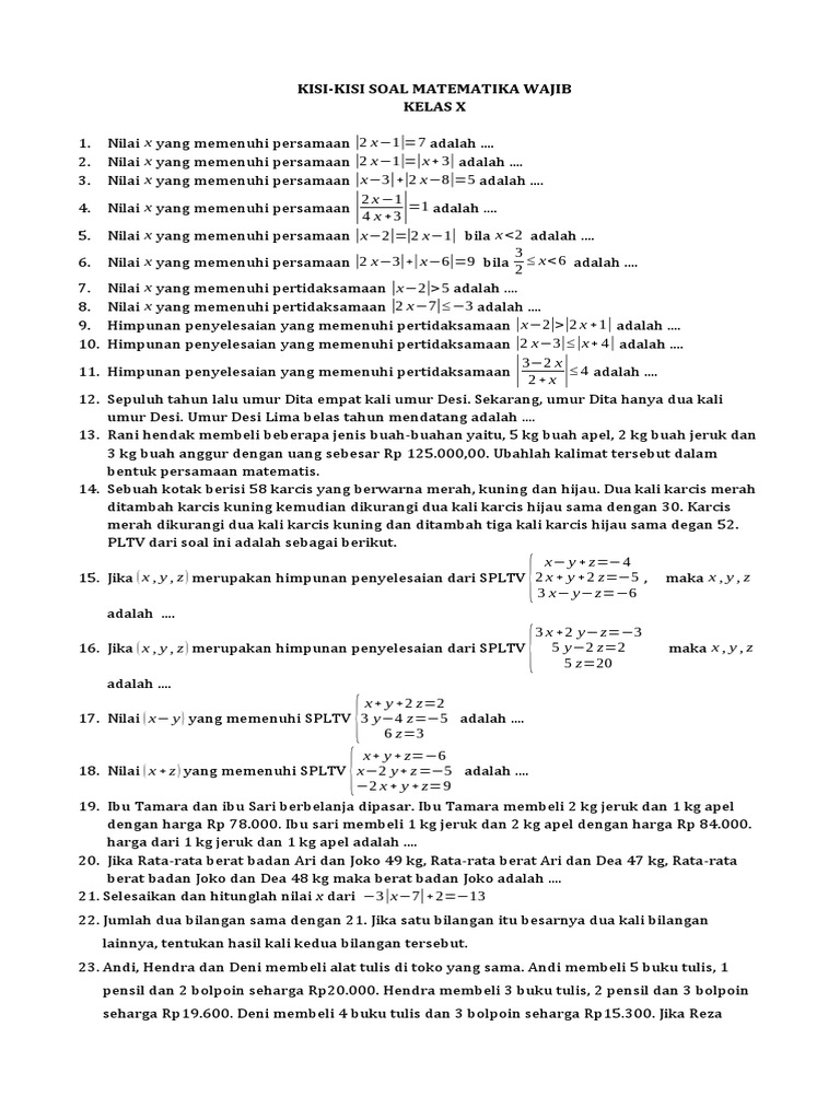 Kisi-Kisi Soal Matematika Wajib KLS X | PDF | Metode & Bahan Ajar