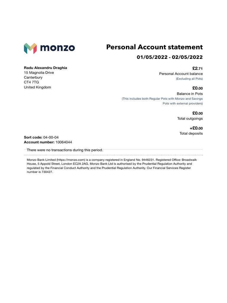 Monzo Bank Statement 2022 05 01-2022 05 02 3891 | PDF | Deposit Account ...