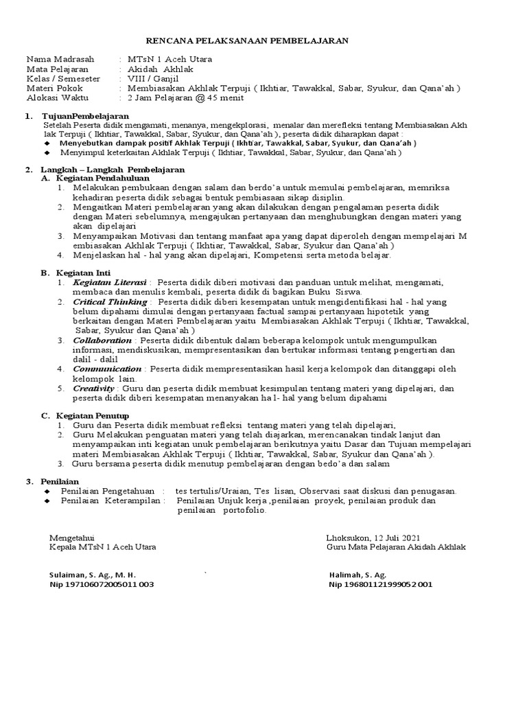 RPP Akidah Akhlak | PDF