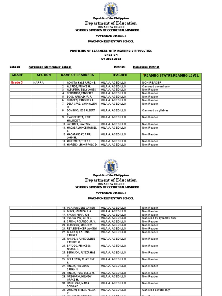 Grade 3 Profiling of Learners With Reading Difficulties 2022 | PDF ...