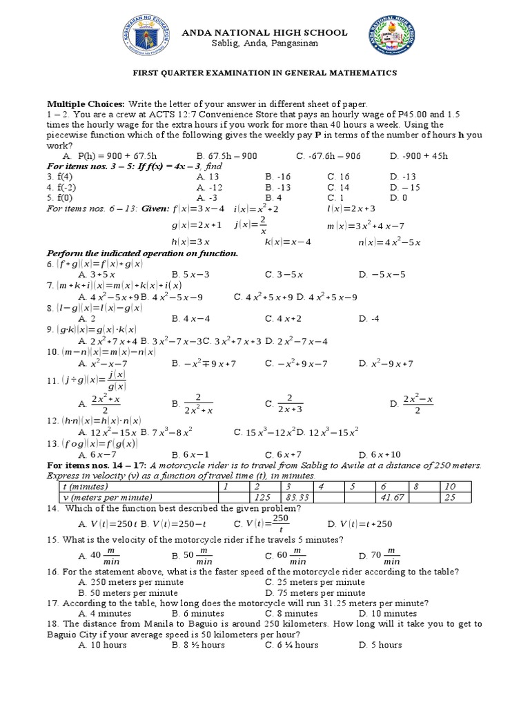 General Mathematics First Quarter Examination | PDF | Function ...