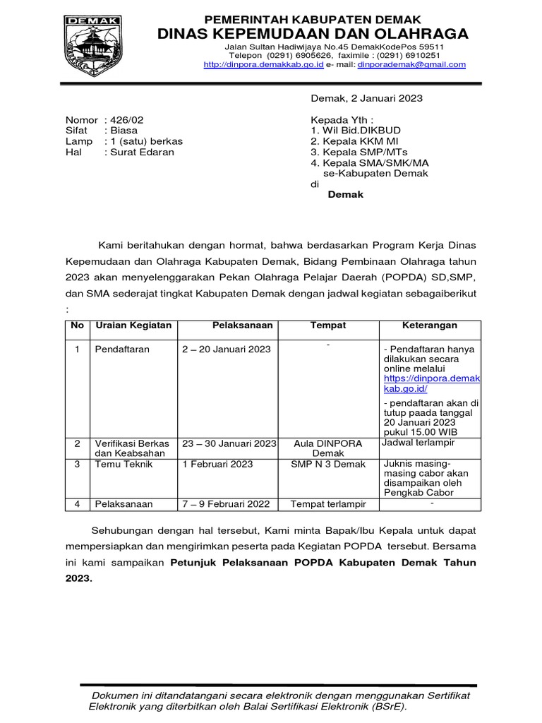Surat Edaran Popda Kabupaten Demak Tahun 2023 | PDF