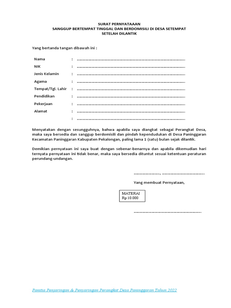 Surat Pernyataan Sanggup Berdomisili (Pelamar Sekdes) | PDF