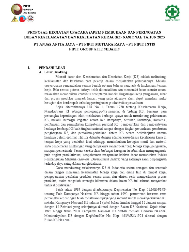 Proposal Kegiatan Upacara Peringatan Bulan K3 Nasional 2023 di Pipit ...
