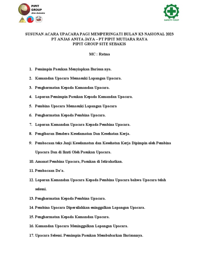 Susunan Acara Upacara Pagi Memperingati Bulan K3 Nasional 2023 | PDF Susunan Acara Upacara Pagi Memperingati Bulan K3 Nasional 2023 | PDF
