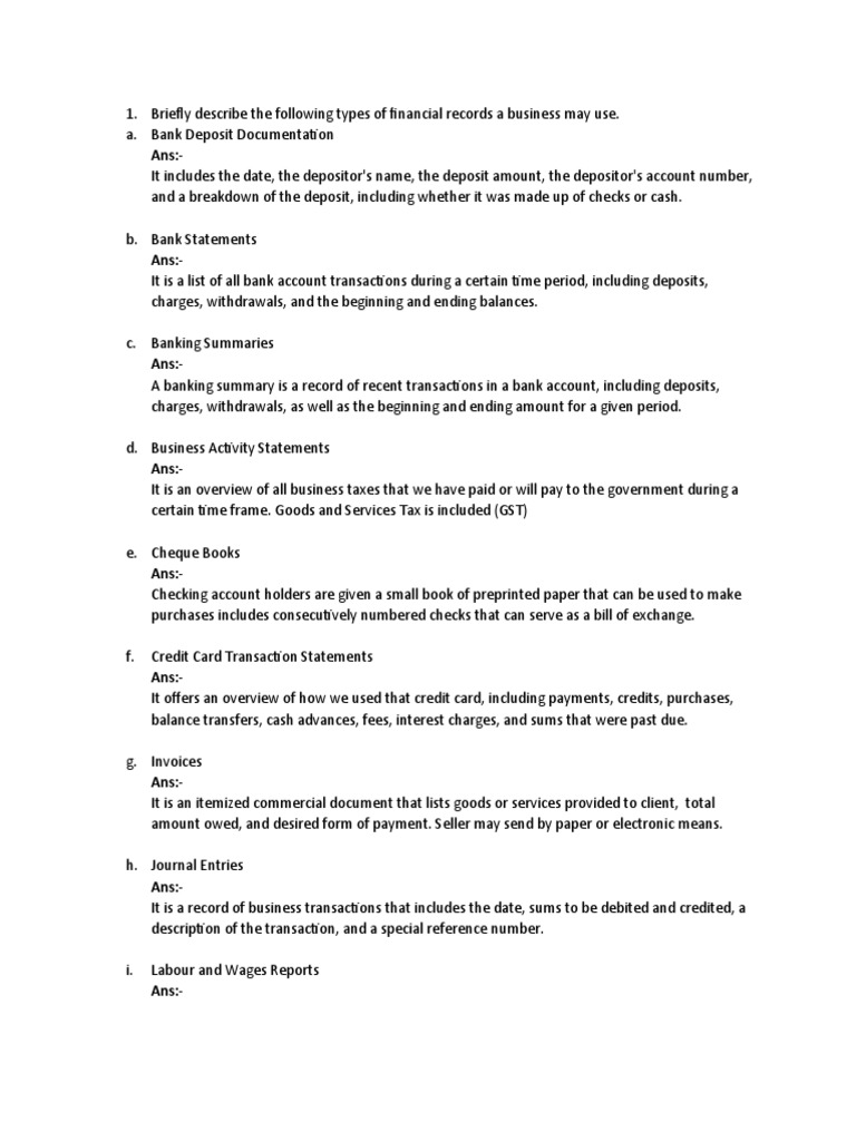 Briefly Describe The Following Types of Financial Records A Business May Use | PDF | Cheque ...