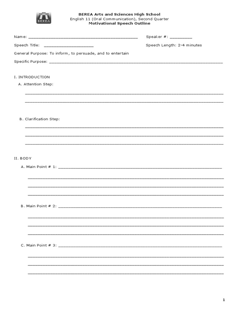 Motivational Speech Outline Template | PDF | Human Communication ...