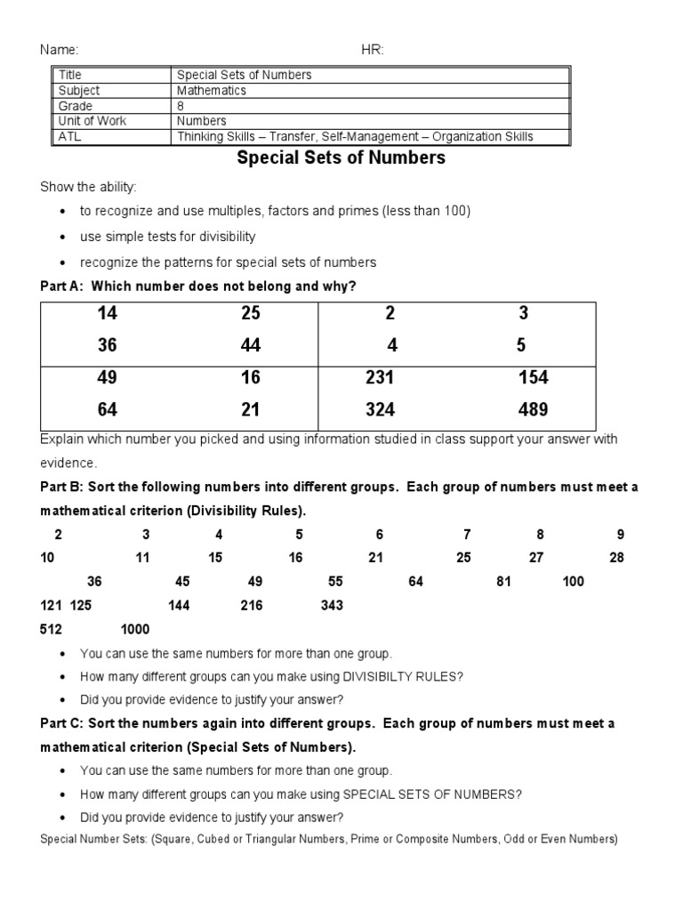 Special Numbers Investigation - Grade 8 | PDF | Cognitive Science ...