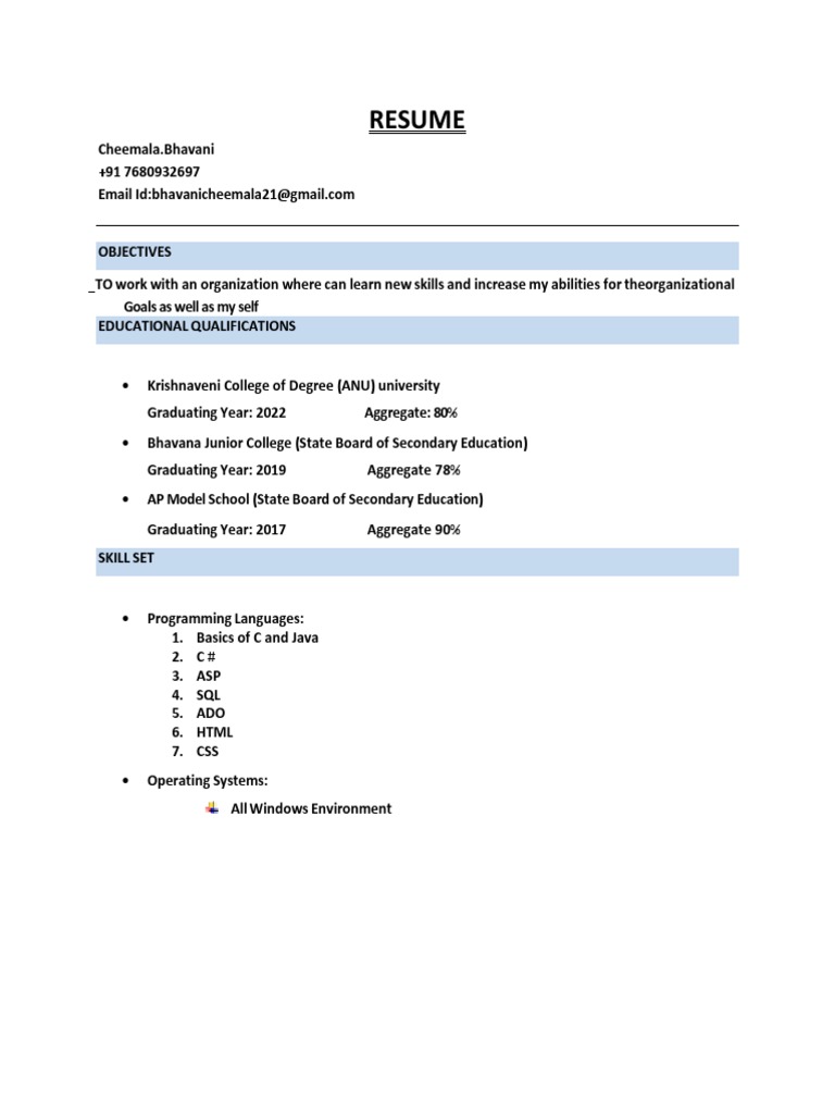 Resume of Cheemala Bhavani | PDF