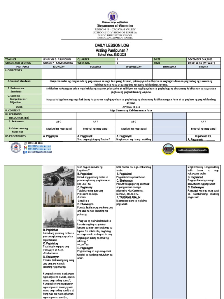 Daily Lesson Log Araling Panlipunan 7: School Year: 2022-2023 | PDF