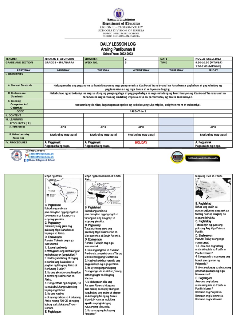 Daily Lesson Log Araling Panlipunan 8: School Year: 2022-2023 | PDF