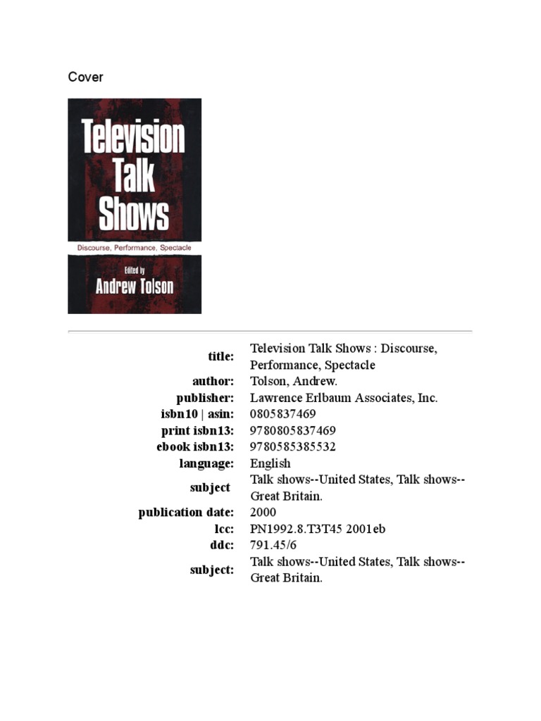 Andrew Tolson - Television Talk Shows - Discourse, Performance ...